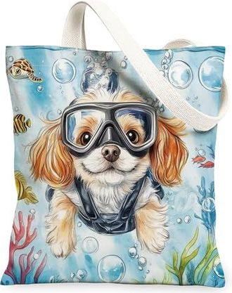 Generic Pop Art Sac fourre-tout en toile motif chien Bloodhound pour faire du shopping, 33 x 38,1 cm, motif chiot nautique oc&eacute;an, mer, chiot nautique, sac d&eacute;p