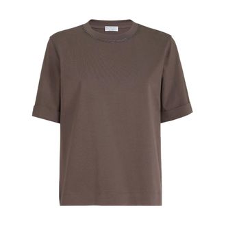 Brunello Cucinelli Baumwolljersey-T-Shirt mit gl&auml;nzenden Verzierungen - - Tops - Damen - Braun - M