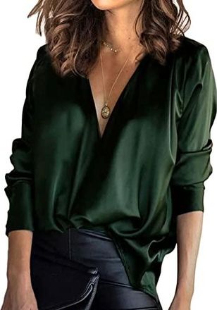 TOMWELL Chemise Femme à Manches Longues Élégant en Satin de Col Montant Chemise Chemisier Brillant Femme Fête Vert XL