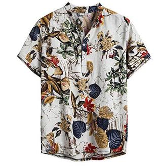 Generic Chemise hawa&iuml;enne pour homme &agrave; manches courtes imprim&eacute;e, en coton, col en V, bouton d&eacute;contract&eacute;, pour printemps, &eacute;t&eacute;, vacances, imprim&eacute; coupe droite 2