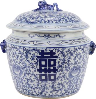 Oriëntique Fine Asianliving Chinesische Deckelvase Blau Weiß Porzellan Doppeltes Glück D25xH25cm Chinesische ingwertopf asiatische Jingdezhen China Deko Ingwergl