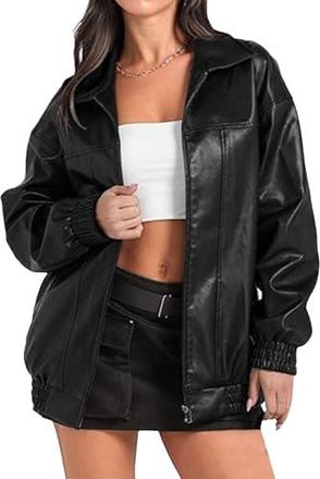 Generic Blouson aviateur surdimensionn&eacute; en similicuir pour femme, manteau de motard, vestes tendance automne-hiver
