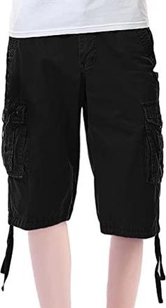 Minetom Femme Pantalons Cargo Short Bermuda Eté Multi-Poches Shorts Cargo Sport Grande Taille Casual Genou Longueur Pantalon Capris A Noir XL