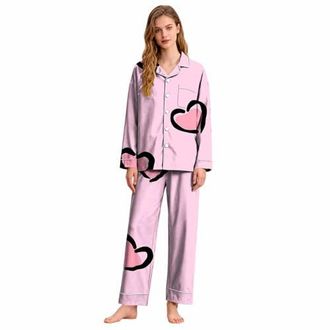Generic Ensemble de pyjama 2 pi&egrave;ces pour la Saint-Valentin pour femme, chemise boutonn&eacute;e, pantalon de d&eacute;tente, en satin de soie, v&ecirc;tements de nuit avec imprim