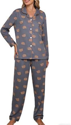 Minetom Ensembles de Pyjama Femme 2 Pi&egrave;ces Bouton V&ecirc;tements de Nuit &Agrave; Carreaux Manches Longues Col V Chemise et Pantalon Style Y10 40