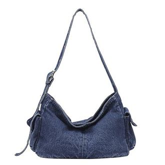 Generic Grand sac &agrave; bandouli&egrave;re d&eacute;contract&eacute; en denim pour femme, pour le travail, les voyages, bleu fonc&eacute;, 12.99x5.51x8.66inch