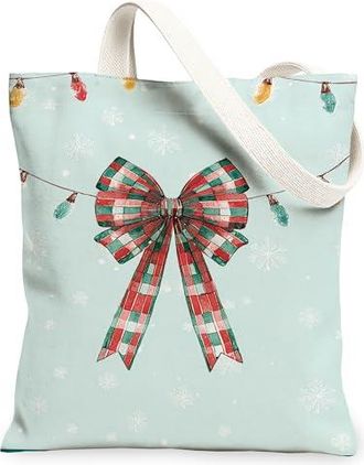 Generic Sacs fourre-tout en toile avec noeud de No&euml;l, motif ruban, sacs d&eacute;picerie r&eacute;utilisables, l&eacute;gers et lavables en toile pour lhiver, bleu, 13x15 Inch