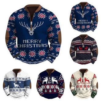 Generic Sweat-shirt à fermeture éclair 1/4 pour homme - Motif sapin de Noël amusant - Renne - Grande taille - Tenue de Noël à manches longues - Pull fantaisie