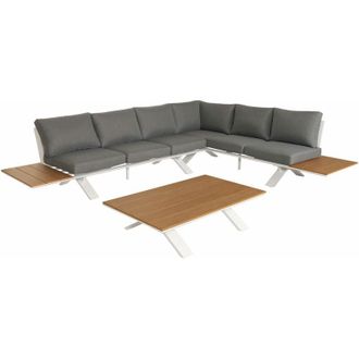 Hhg Neuwertig] Aluminium Garten-Garnitur HHG 802, Sitzgruppe Garten-/Lounge-Set Sofa, Holzoptik Gestell wei&szlig;, Polster hellgrau