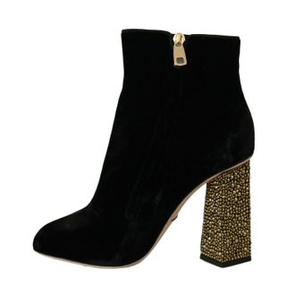 Dolce & Gabbana Womens Black Velvet Crystal Square Heels Shoes Silk