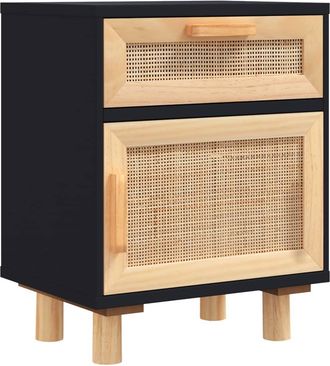 Generic vidaXL Nachttisch 1 Schublade 1 Fach Nachtschrank Nachtkonsole Nachtkommode Schlafzimmer Schrank Kommode Schwarz Massivholz Kiefer Natur-Rattan