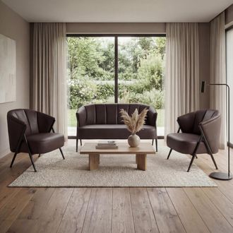 Mendler Wohnzimmer-Set HWC-P30, 2er-Sofa 2X Sessel, Vintage Retro Industrial Metall Kunstleder - Dunkelbraun