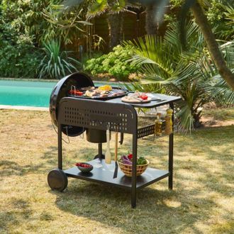 Sweeek Barbecue rond charbon de bois acier &eacute;maill&eacute; &Oslash;53cm. grill noir avec chariot - Maurice