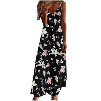 Generic Robe longue d&eacute;t&eacute; pour femme, robe d&eacute;bardeur d&eacute;contract&eacute;e &agrave; imprim&eacute; floral, col en V, sans manches, dos nu, robe de plage ample, bretelles spaghetti, t