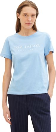 Tom Tailor Damen Basic T-Shirt mit Logo-Print, 34587 - Light Fjord Blue, XL