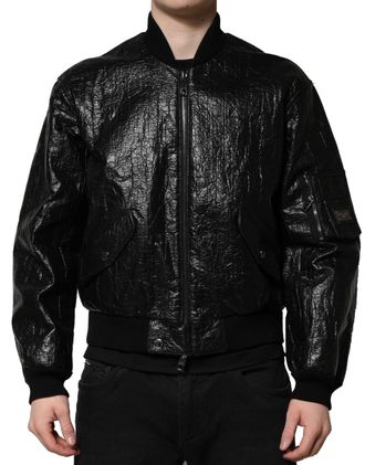 Dolce & Gabbana Mens Black Logo Plaque Bomber Full Zipper Jacket Cellulose Poly Lactic Acid Clothing