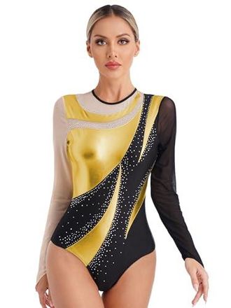 TiaoBug Femme Justaucorps Gymnastique Strass Manche Longue L&eacute;otard Danse Ballet Brillant Col Haut V&ecirc;tement Patinage Artistique Combinaison Bodysuit Sport Yoga