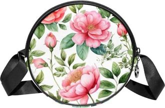 Generic Petit sac &agrave; bandouli&egrave;re circulaire pour femme, motif feuilles florales, sac &agrave; dos avec fermeture &eacute;clair, bretelles r&eacute;glables, sac &agrave; main rond d&eacute;contra