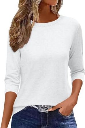 Minetom T-Shirt Col Rond à Manches 3/4 pour Femme Coupe Classique Ample Léger Pull Décontractés Chic et Elegant Basic Top Haut A Blanc S