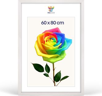 MG Design Bilderrahmen 60 x 80 cm - Posterrahmen mit Wei&szlig; Holzrahmen (Echtholz) und bruchsicherem Acrylglas, Hoch & Quer mit verst&auml;rkter Wandaufh&auml;ngung