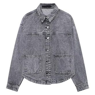 Generic Veste en jean oversize pour femme, tendance, boutonn&eacute;e, manches longues, avec poches, grise, taille M