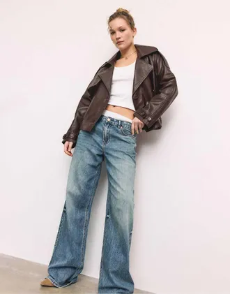 Stradivarius Trench-coat oversize en cuir v&eacute;ritable - Marron-Brown