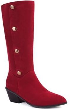 Generic Bottes Femme Mi-Mollet en Daim Bout Pointu Talons Carrés Décor Boutons Semelle Coussinée Chaussures Robe Soirée Décontractée,Rouge,43 EU