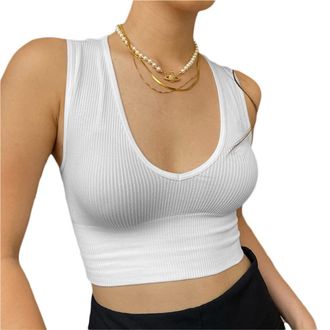 Minetom Damen Tank Top Sexy Tiefer V Ausschnitt Crop Tops Sommer &Auml;rmellose Basic Shirt Camisole Bauchfrei Oberteile A Wei&szlig; XS