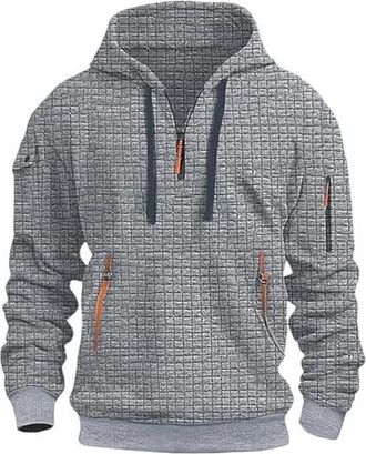 Generic Sweat à capuche pour homme, demi-fermeture éclair gaufrée à carreaux avec cordon de serrage, couleur unie, vêtements dextérieur décontractés, vêtement