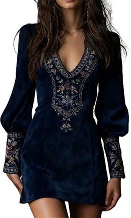 Generic Robe western vintage en faux daim pour femme, robe brod&eacute;e &agrave; manches longues, col en V, mini robes moulantes, noir fonc&eacute;, XL