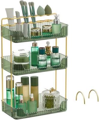 Songmics Organiseur Maquillage, Rangement Maquillage, 2 Accessoires Optionnels, 3 Niveaux, Rectangulaire, S&eacute;parable, Porte-Bijoux, pour Coiffeuse, Vert Clair J