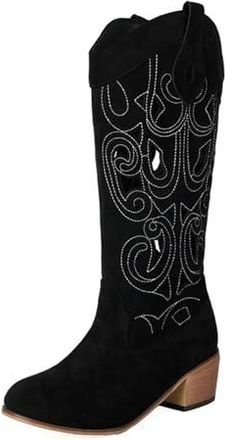 Generic Bottes mi-mollet ajourées à bout rond et talon épais confortables décontractées pour femme, Noir, 37.5 EU