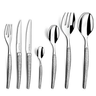 Lou Laguiole M&eacute;nag&egrave;re 50 couverts pour 12 personnes et 12 couteaux steak - Jet - Acier inoxydable 18/0, Finition Textil