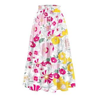 Generic Jupe longue pliss&eacute;e r&eacute;tro &eacute;lastique taille haute en forme de A avec jupe large pour femme, Rose, XXL