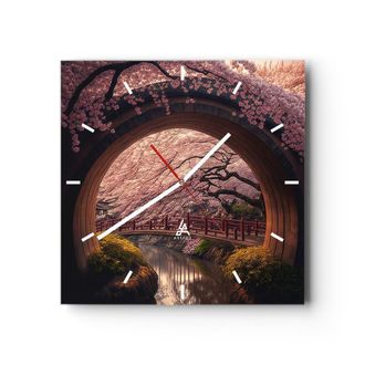 Arttor Modern Wanduhr Br&uuml;cke Japan Japanische Kirsche 30x30cm Quadrat Klein Wand Uhr Glas Analog Zimmeruhren K&uuml;che B&uuml;ro Wohnzimmer Glasuhr Wall Clock Dekorat