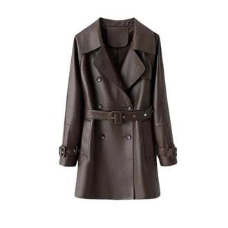 Generic Veste mi-longue en cuir v&eacute;ritable pour femme - Grande taille classique &agrave; revers double boutonnage avec ceinture, marron, S