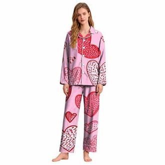 Generic Ensemble de pyjama 2 pi&egrave;ces en satin de soie pour femme - Imprim&eacute; coeur romantique - Chemise &agrave; manches longues avec pantalon - V&ecirc;tement de d&eacute;tente d&eacute;c
