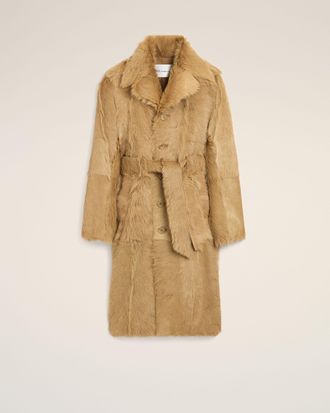 Ami Ami Paris - Manteau long beige ceintur&eacute; en cuir de ch&egrave;vre Beige Mastic - Taille : XS - Unisex