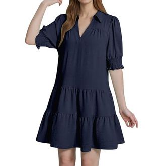 Generic Robe d&eacute;contract&eacute;e pour femme avec col &agrave; revers et manches mi-longues pliss&eacute;es et col en V pour femme, robe d&eacute;t&eacute; 2026, robe ample, robe ample pour femm