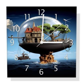 Wallario Design-Wanduhr Schwebende Inselträume aus Glas, Motiv-Uhr Größe 30 x 30 cm, weiße Zeiger