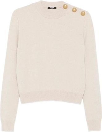 Balmain Femme, Pulls, Beige, Taille: 40 FR Pull en Maille C&ocirc;tel&eacute;e avec Ornements de Boutons Dor&eacute;s