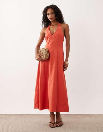 New Look Midikleid in Rot mit Neckholder und Ziernaht