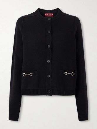 Gucci Cardigan Aus Einer Woll-kaschmirmischung Mit Lederbes&auml;tzen Und Horsebit-details - Schwarz