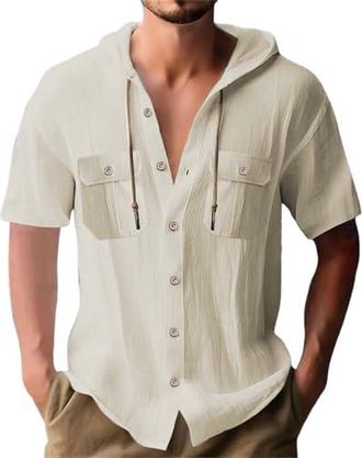 Generic T Shirt Sport Homme Coton Lin- Chemise Manches Courtes à Capuche Grande Taille Haut Ete avec Boutonnés Poche Couleur Unie Blouse Casual LéGer Fluide T