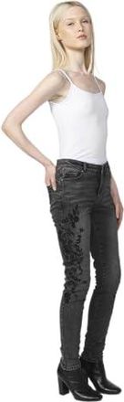 Kor&ouml;shi Pantalon long slim fit avec d&eacute;tails brod&eacute;s et fermeture avant avec fermeture &eacute;clair et bouton pour femme, couleur noir denim noir, Noir, 36