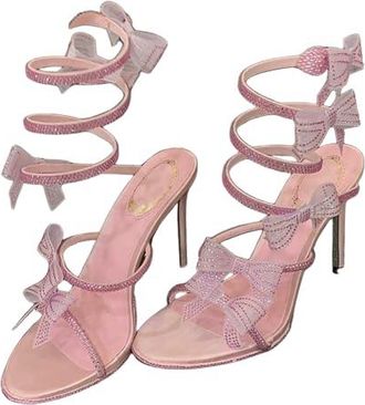 Generic YUJIEBB &Eacute;l&eacute;gant Rose Mariage Carstal Bow Talons Hauts Sandales Femme &Eacute;t&eacute; Sangle de Cheville Mince Talons Hauts Bout Ouvert Chaussures de F&ecirc;te, Rose A,