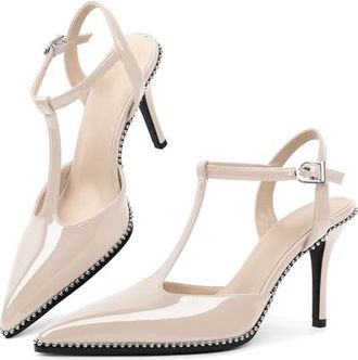 EDEFS Escarpins Femme à Perles Talon Aiguille 9 cm en Cuir Verni Bout Pointu T-Strap Slingback pour Mariage Gala Soirée & Casual Beige EU41