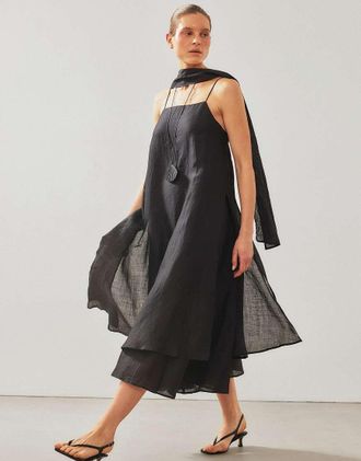 NA-KD Ramie - Robe mi-longue &agrave; d&eacute;tail foulard - Noir