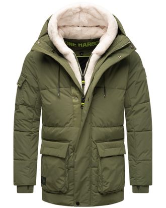 Stone Harbor Herren Winterjacke (S-3XL) - Kunstfellkragen abnehmbar, Kapuze innen mit Fleecestoff, Steppjacke, Warme Jacke M&auml;nner - B762 (L, Olive)