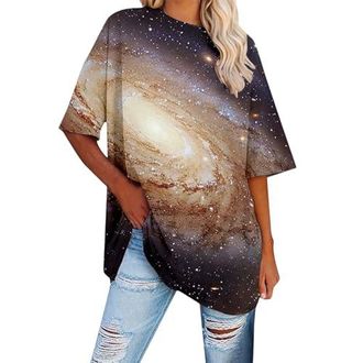 Generic Galaxy T-shirt &agrave; paillettes pour femme - Chemisier &agrave; manches courtes - Col rond - Col rond - Pour l&eacute;t&eacute;, Noir, L